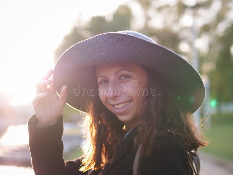 Beautiful Smiling Elegant Woman in Big Hat Smiling Portrait Stock Photo ... Beautiful Smiling Elegant Woman in Big Hat Smiling Portrait Stock Photo ...