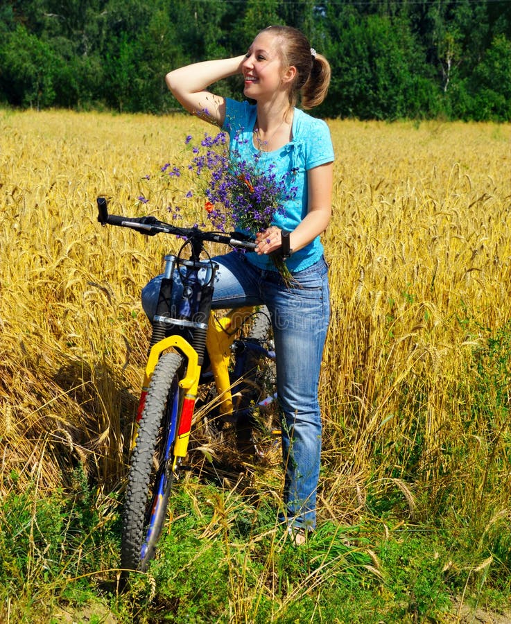 Beautiful Smiling Girl Rides Bicycle on Village Ro Stock Photo - Image ...