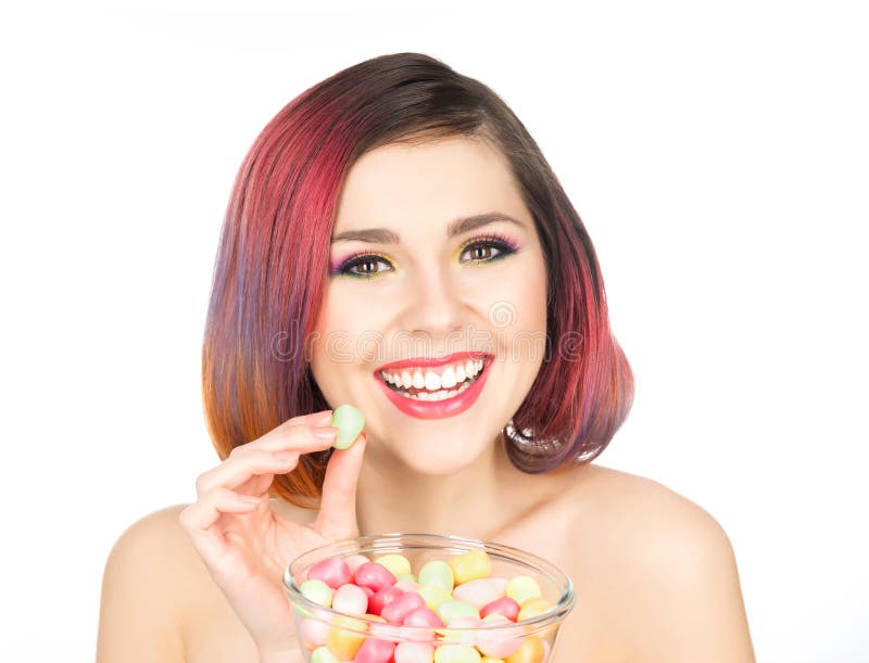 Beautiful Smiling Girl Eating Sweets from a Bowl Stock Image - Image of ...