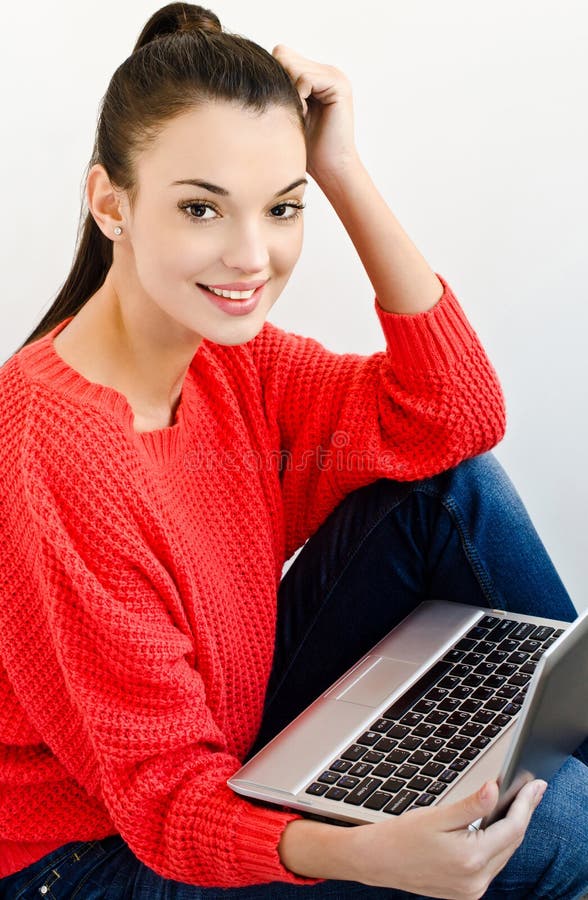 Beautiful Smiling Girl Holding a Laptop. Stock Photo - Image of happy ...