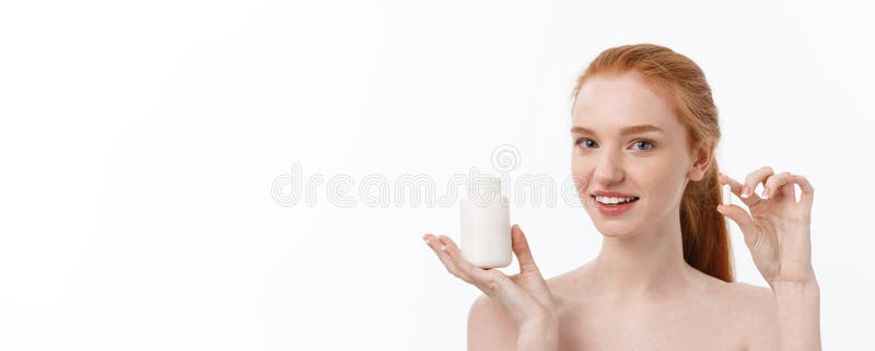 Beautiful Smiling Girl Taking Medication, Holding Bottle with Pills ... Beautiful Smiling Girl Taking Medication, Holding Bottle with Pills ...