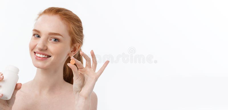 Beautiful Smiling Girl Taking Medication Holding Bottle With Pills Healthy Happy Female Eating