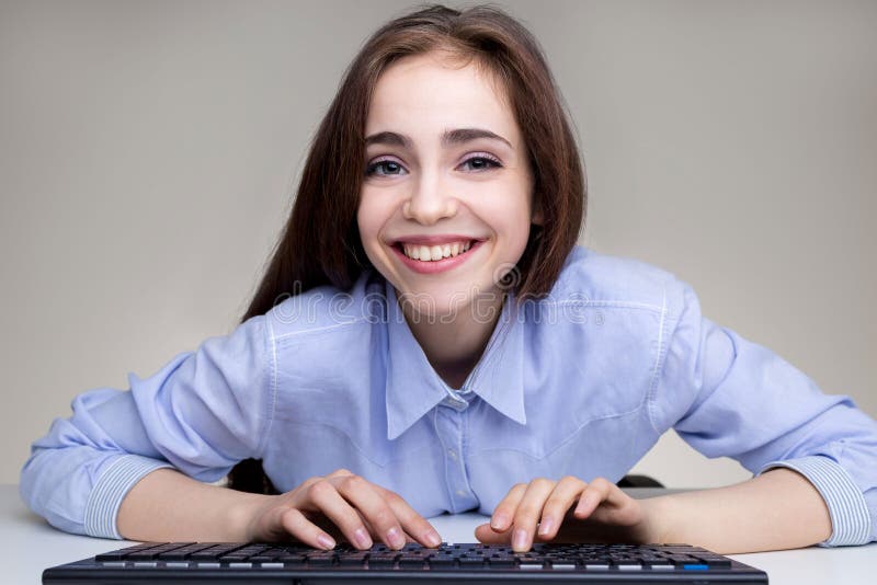Playful Girl Using Keyboard Stock Image - Image of adult, businesswoman ...