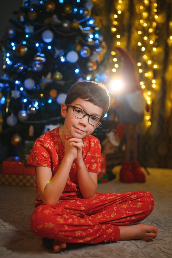 Beautiful Smiling Little Boy Near Christmas Tree Stock Photo - Image of ...