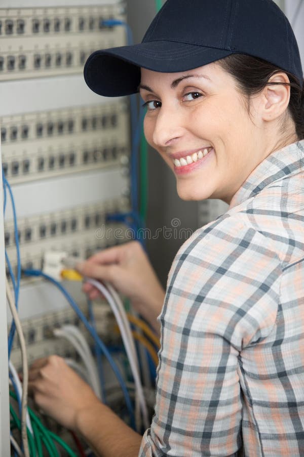Beautiful Smiling Technician Analysing Server Stock Photo - Image of ...