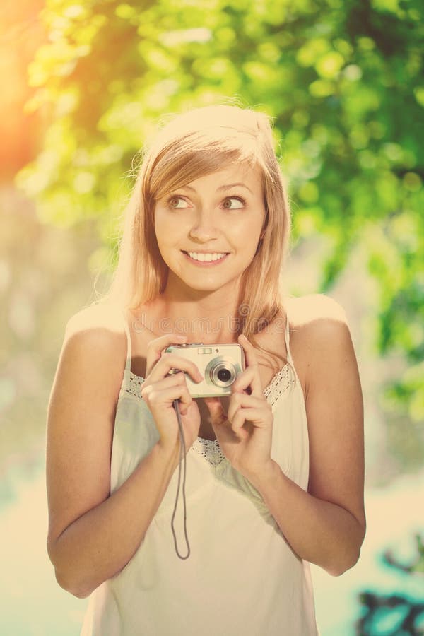 Beautiful Smiling Woman with a Camera, Outdoors Stock Photo - Image of ...