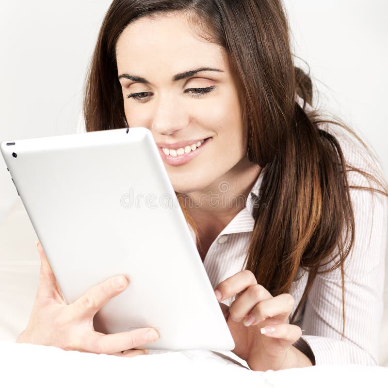 Beautiful Smiling Woman with Tablet Stock Image - Image of touch ...