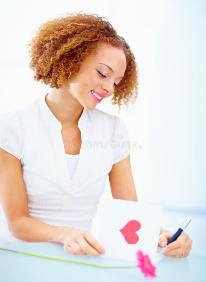 Beautiful Smiling Woman Writing on Valentines Card Stock Image - Image ...