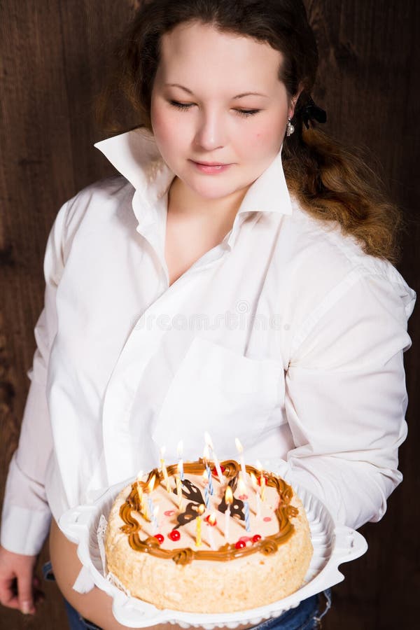 The Beautiful Smiling Young Woman with a Cake Stock Image - Image of ...