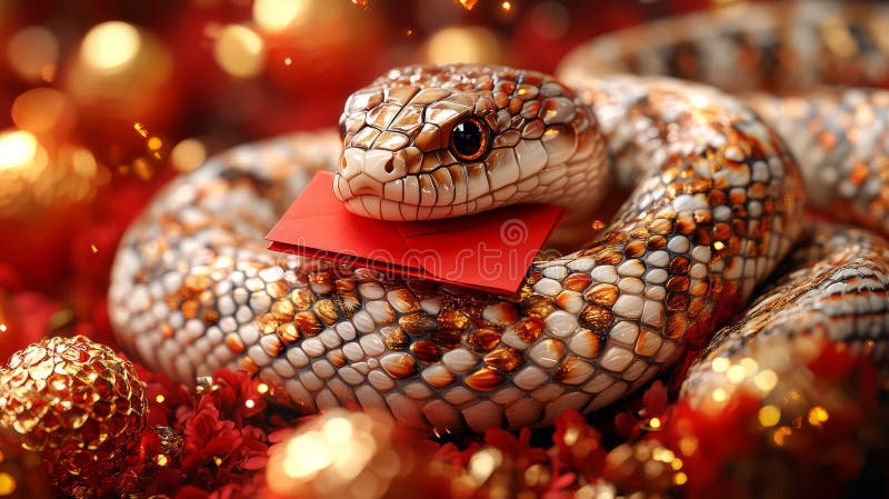 A Beautiful Snake Resting on Festive Decorations with a Red Envelope ...