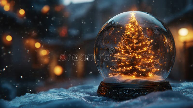 Beautiful Snow Globe Featuring a Glowing Christmas Tree Stock ...