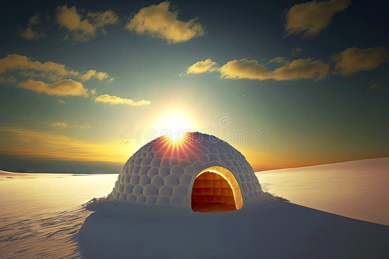Beautiful Snow Igloo Against Backdrop of Setting Sun Stock Illustration ...