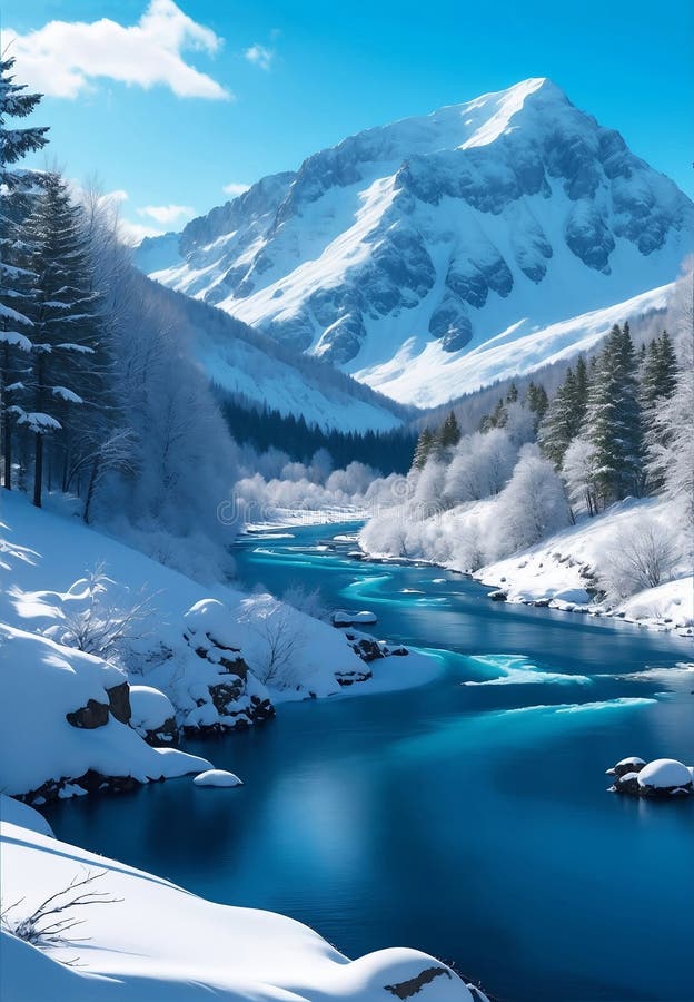 Beautiful Snow Mountain with River, Generative AI Illustration Stock ...