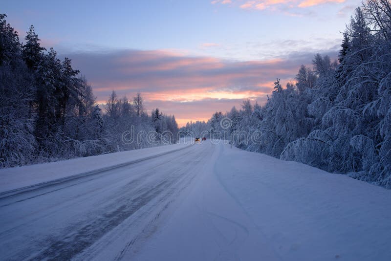 Beautiful Snowy Winter Road in the Forest on Sunny Day Stock Image ...