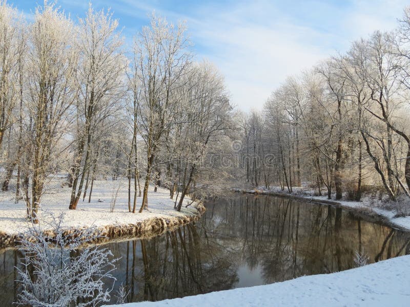 Beautiful Snowy Trees and River in Winter, Lithuania Stock Photo ...