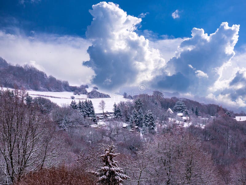 Beautiful Snowy Winter Landscape with Dramatic Clouds on the Horizon ...