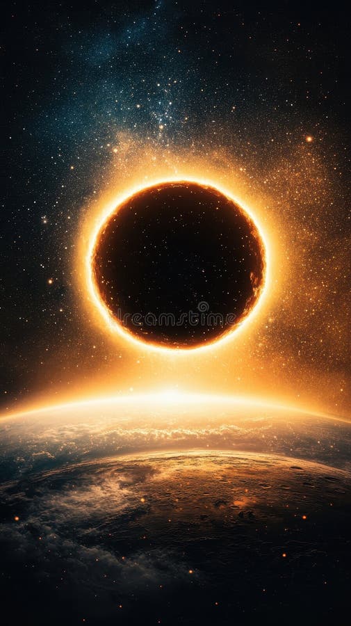 Beautiful Solar Eclipse with Earth in Space and Glowing Rays Stock ...