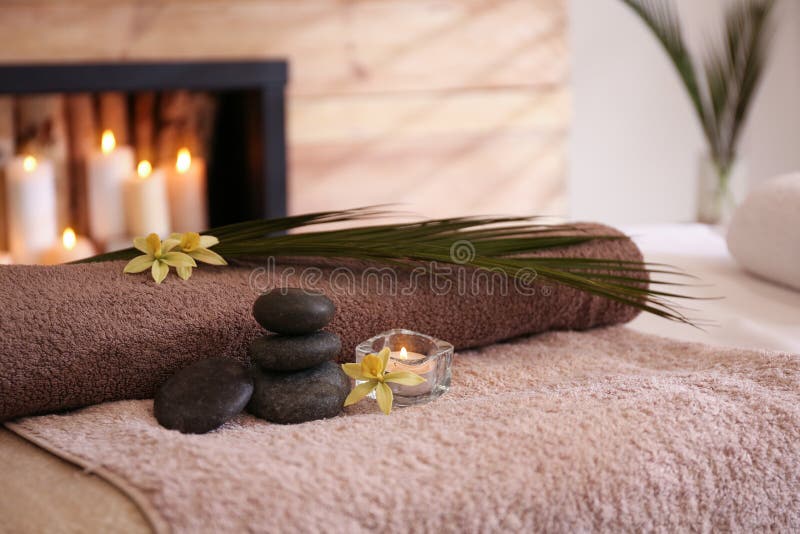 Beautiful Spa Accessories on Massage Table in Room Stock Photo - Image ...