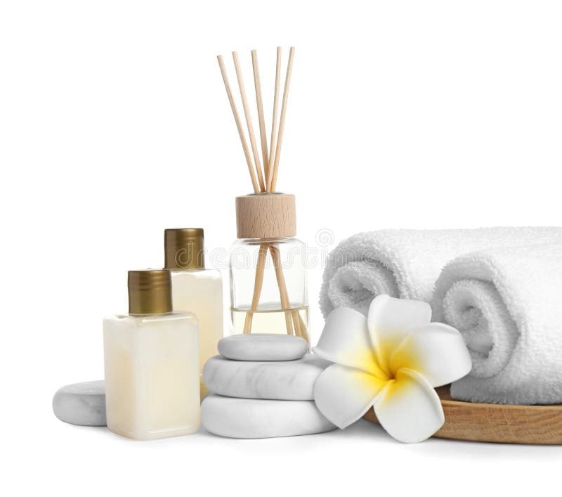 Beautiful Spa Composition with Reed Diffuser on White Background Stock ...