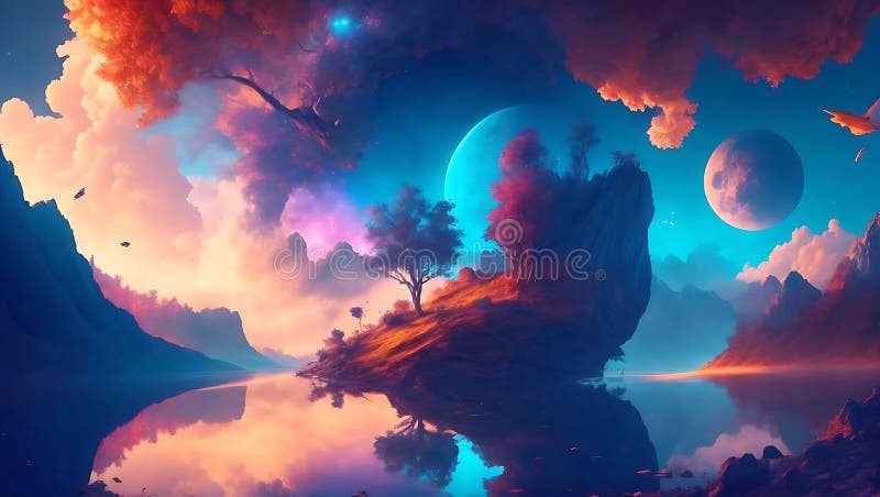 Beautiful Space Magic Fantasy with Planets and Trees Ai Generated Stock ...