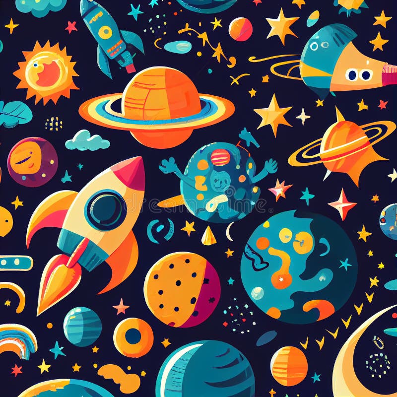 Beautiful Space Planets and Rockets Pattern. Illustrator Generative AI ...