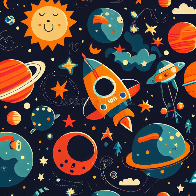 Beautiful Space Planets and Rockets Pattern. Illustrator Generative AI ...