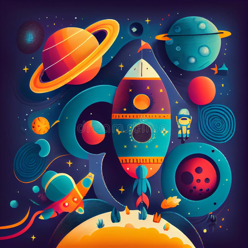 Beautiful Space Planets and Rockets Pattern. Illustrator Generative AI ...