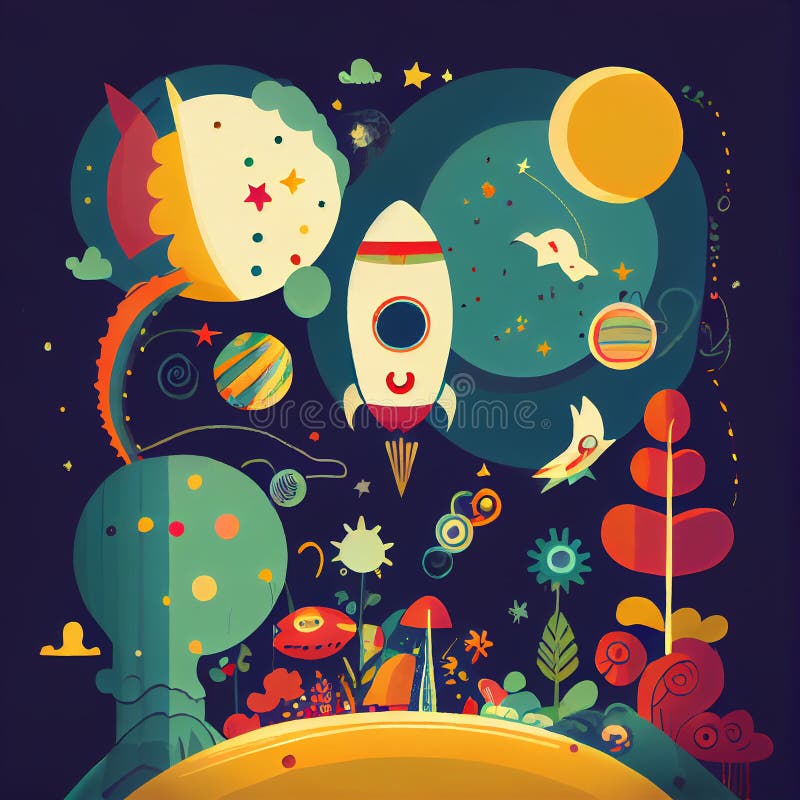 Beautiful Space Planets and Rockets Pattern. Illustrator Generative AI Stock Illustration ...