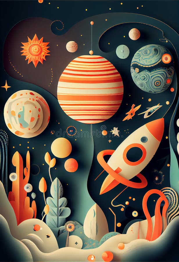 Beautiful Space Planets and Rockets Pattern. Illustrator Generative AI ...