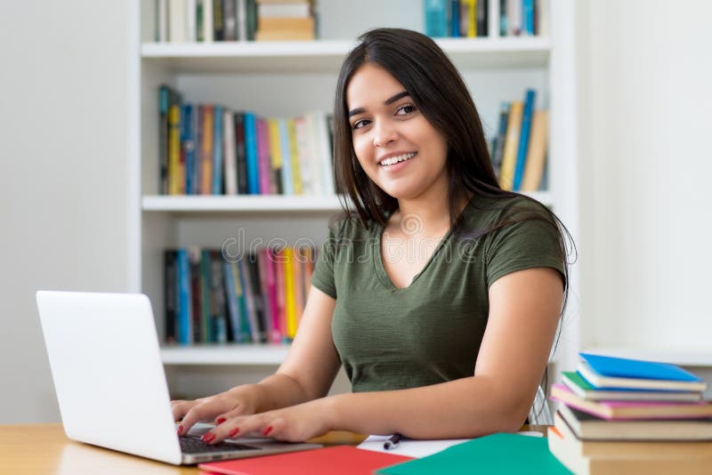 Beautiful Spanish Female Student at Computer Stock Photo - Image of ...