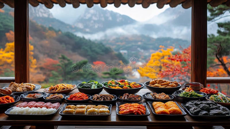 A Beautiful Spread of Traditional Korean Dishes in a Serene Mountain ...