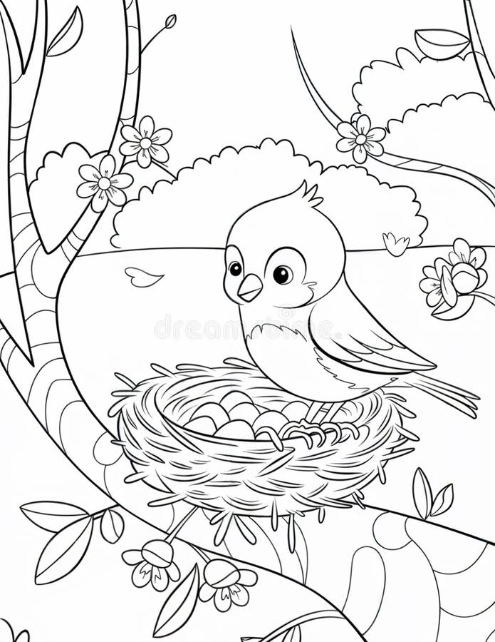 Beautiful Spring Coloring Book for Kids Bird in the Nest Stock ...