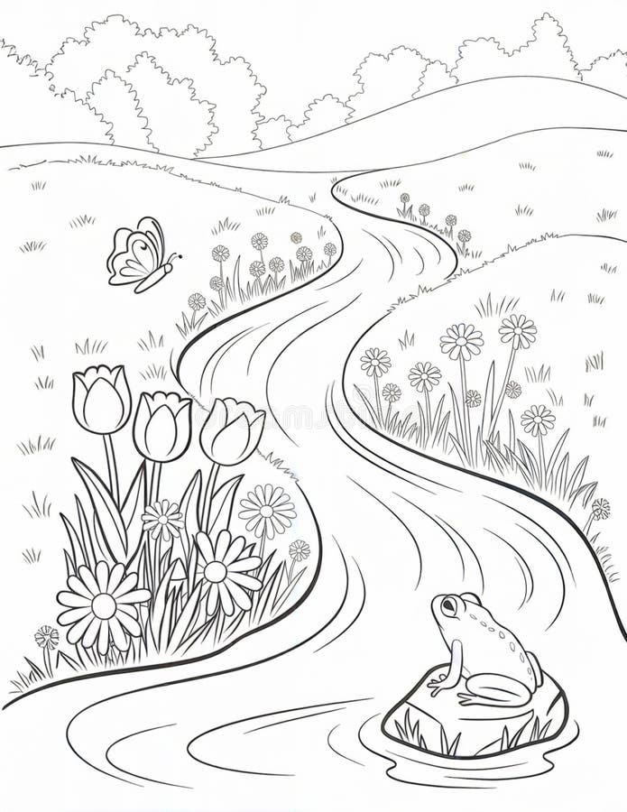 Spring Coloring Page for Children, Cherry Blossoms Stock Illustration ...