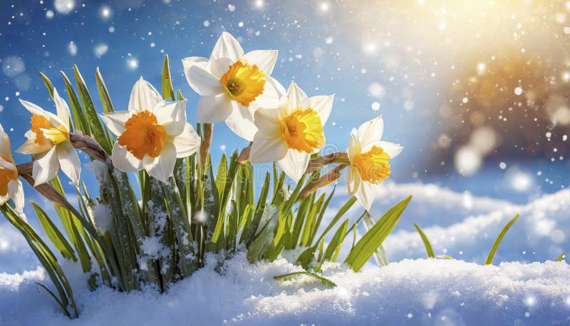 Beautiful Spring Flowers Daffodils in Snow Stock Illustration ...
