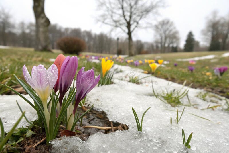 Beautiful Spring Flowers and Melting Snow Stock Illustration ...