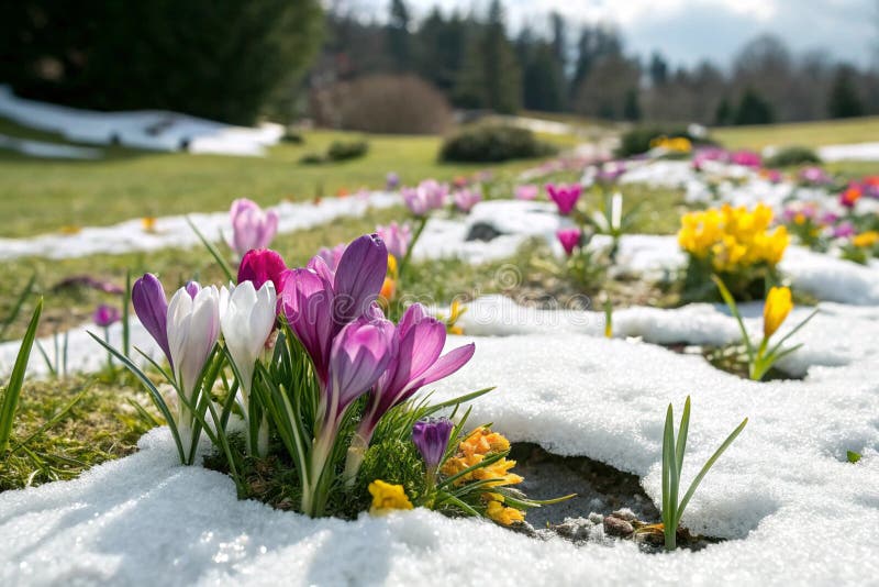Beautiful Spring Flowers and Melting Snow Stock Illustration ...