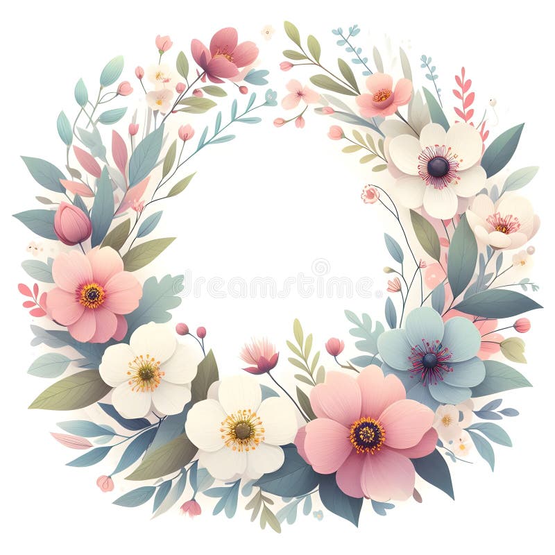 Spring Flowers and Leaves Round Frame for Holiday Card Decor Watercolor ...