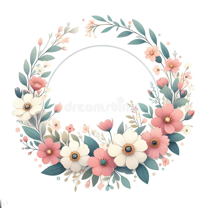 Spring Flowers and Leaves Round Frame for Holiday Card Decor Watercolor ...