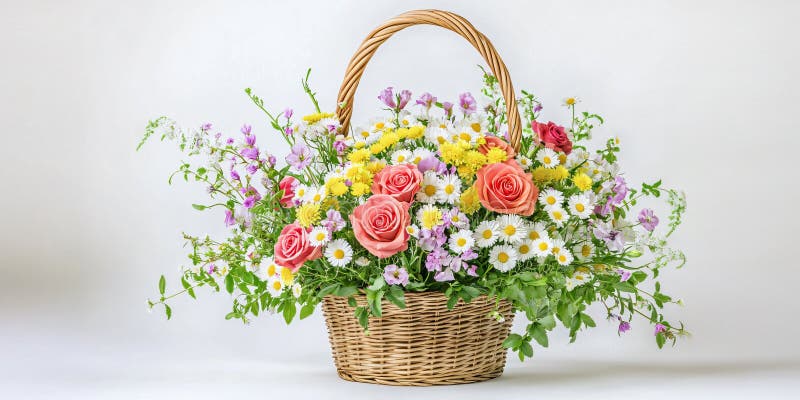 Beautiful Spring Flowers in Wicker Basket High Quality Image Stock ...