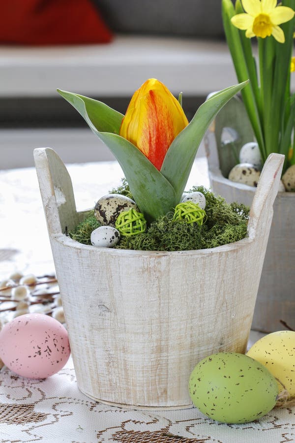 Beautiful Spring Flowers and Wicker Basket on the Table Stock Photo ...