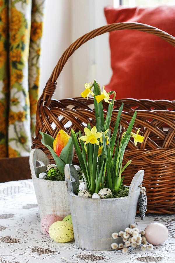 Beautiful Spring Flowers and Wicker Basket on the Table Stock Image ...
