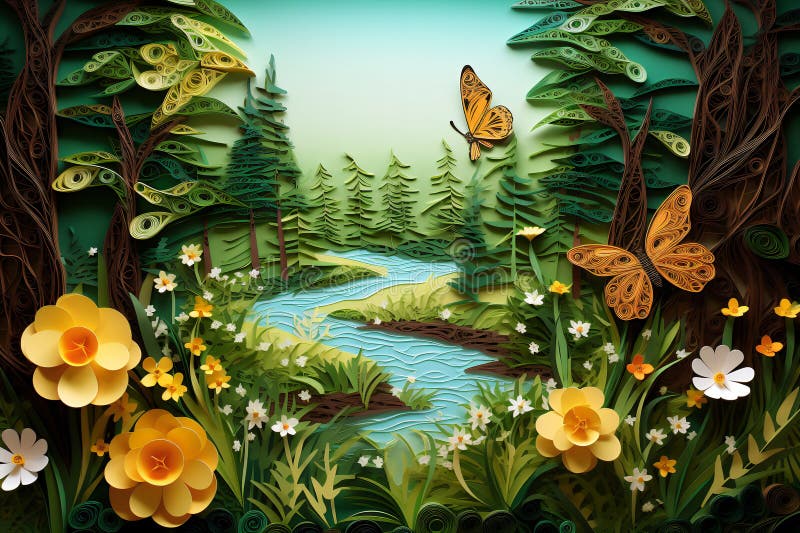 Beautiful Spring Forest. Landscape in Decorative Illustration Style ...