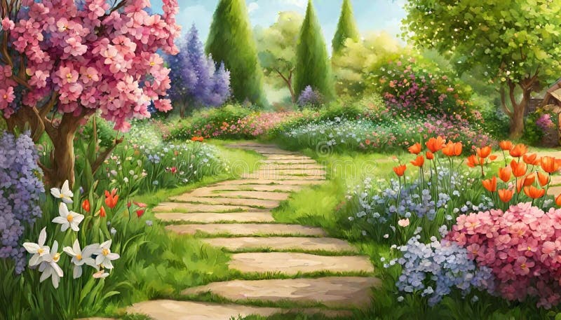 A Beautiful Spring Garden with a Path and Stock Illustration ...