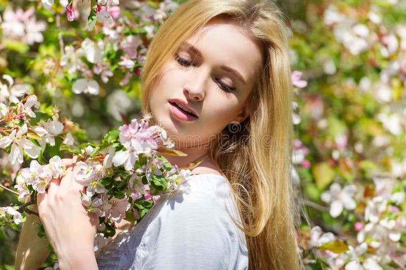 Beautiful Spring Girl in Blooming Tree Stock Photo - Image of cosmetics ...