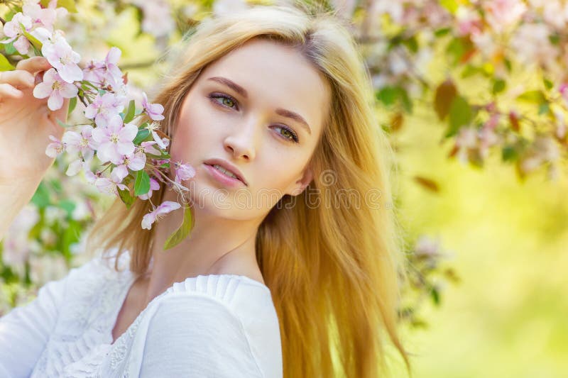 Beautiful Spring Girl in Blooming Tree Stock Image - Image of cheerful ...