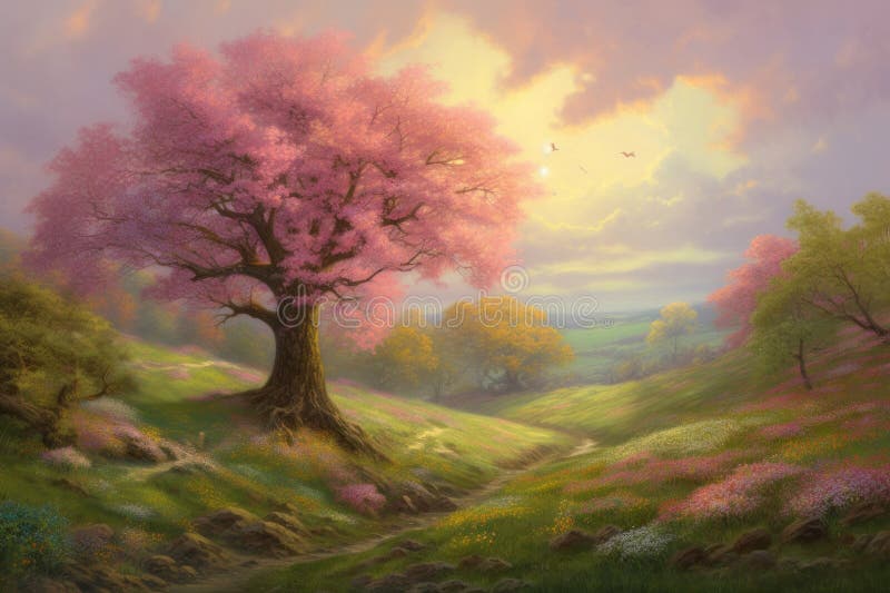 Beautiful Spring Landscape with Blooming Cherry Tree. Digital Painting ...