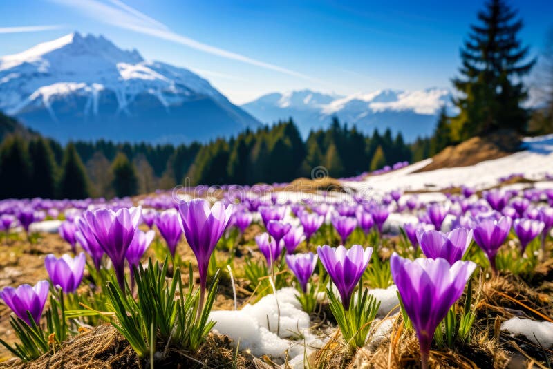 Beautiful Spring Landscape with Blooming Crocuses in the Mountains ...