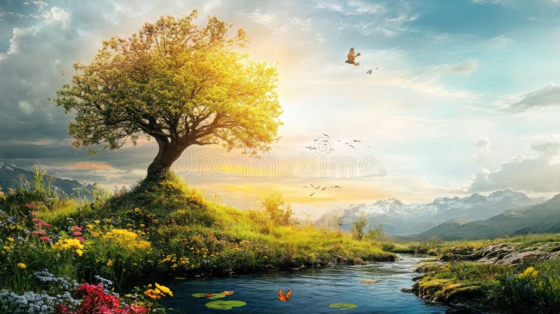 Beautiful Spring Landscape with Blooming Meadow, River and Trees Stock ...
