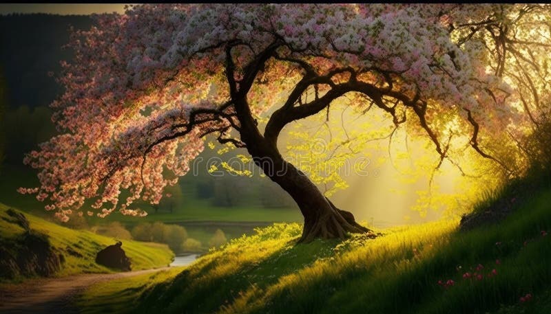 Beautiful Spring Landscape with Blooming Sakura Tree. Generative AI ...
