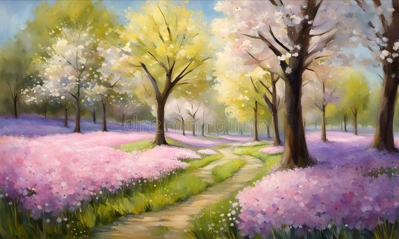 Beautiful Spring Landscape with Blooming Trees and Path. Digital ...